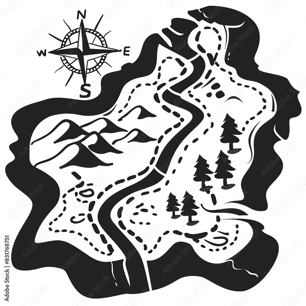 Trail Map Silhouette SVG , A curled map with a trail marked ...