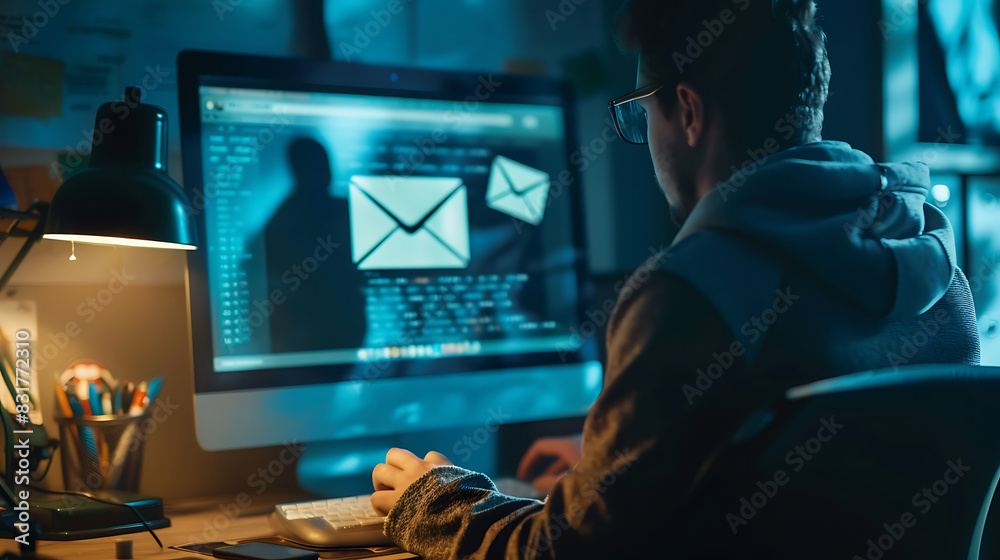 A computer screen showing a phishing email, a person looking worried ...
