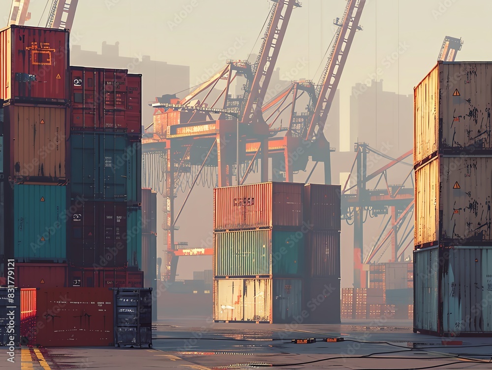 Shipping containers stacked at a port, with cranes in the background ...