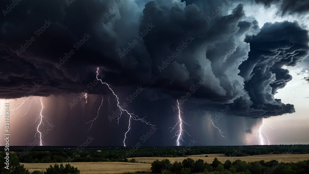 A stormy dark sky with black clouds and lightnings, heavy storm ...