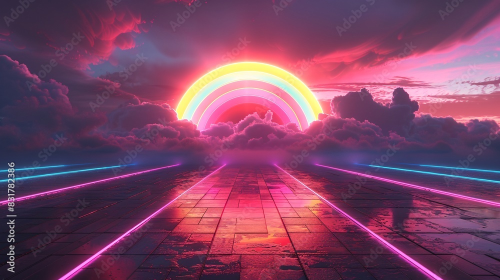 Retro 80s synthwave cityscape with LGBTQ symbols, blending futuristic ...