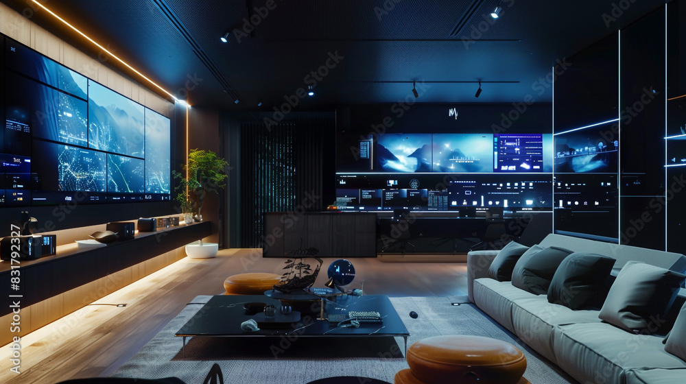 A sleek, minimalist smart home of the future, bathed in the soft glow ...