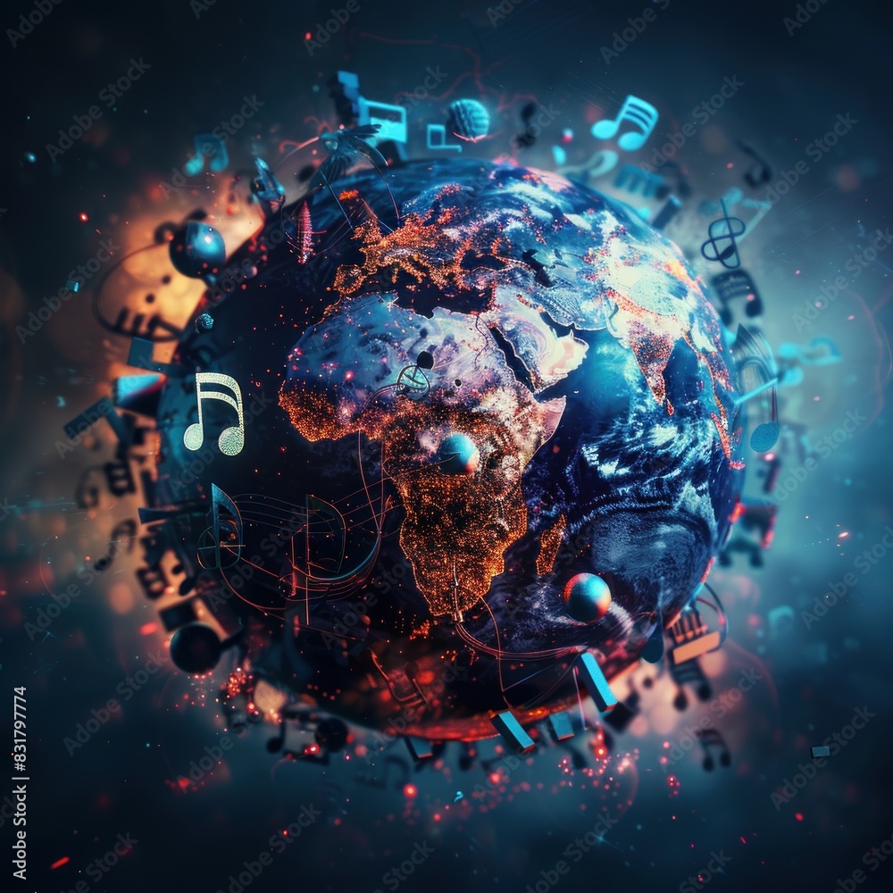 energetic music genre represented in the globe from a far view, ultra ...