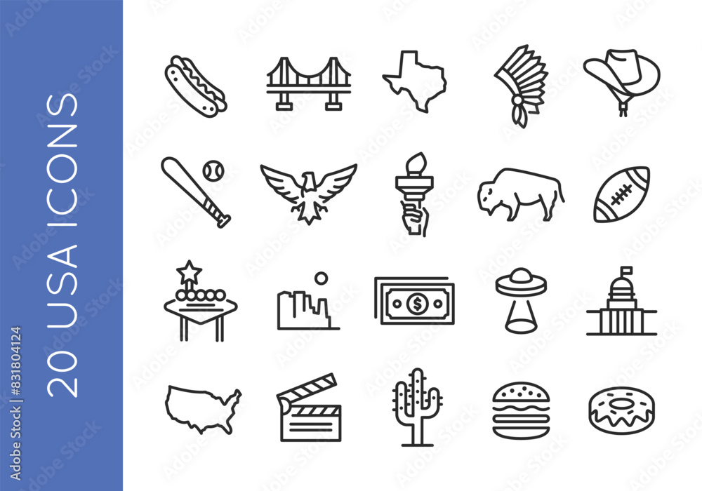 American Culture icons. Set of 20 American-themed trendy minimal icons ...