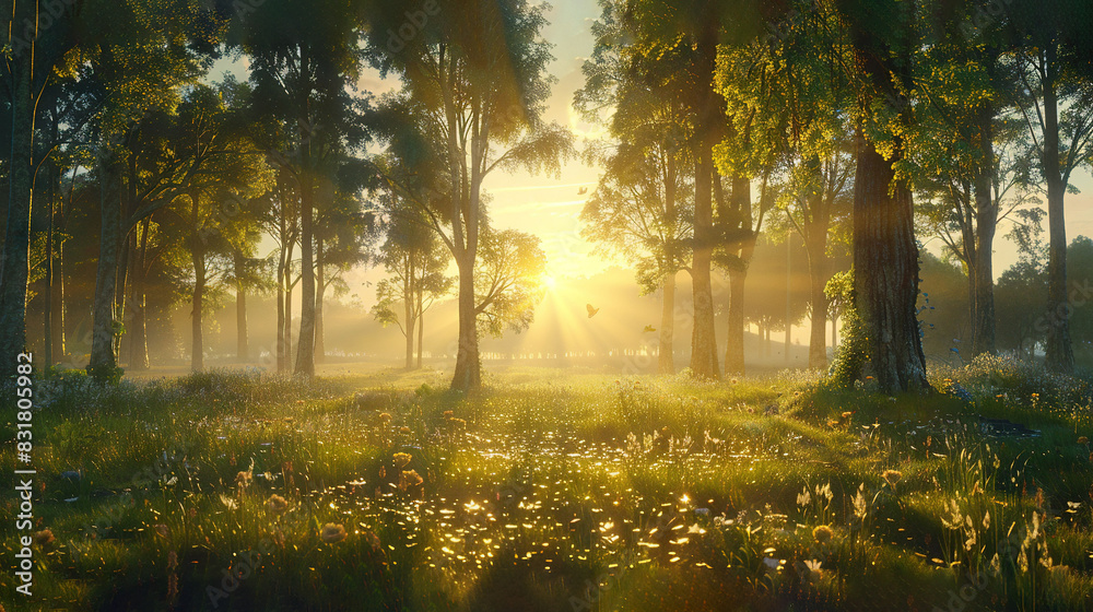 The sun filters through the foliage of a forest, casting light on lush ...