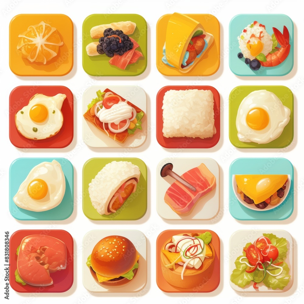 Sixteen colorful food icons with frosted glass texture and glowing ...