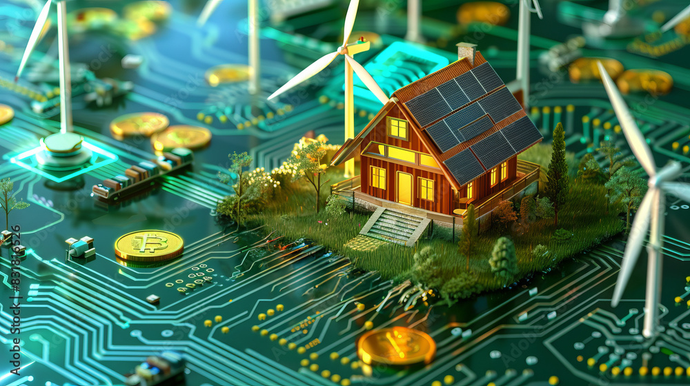 3D pixel art green house with wind turbines and coins on the circuit ...