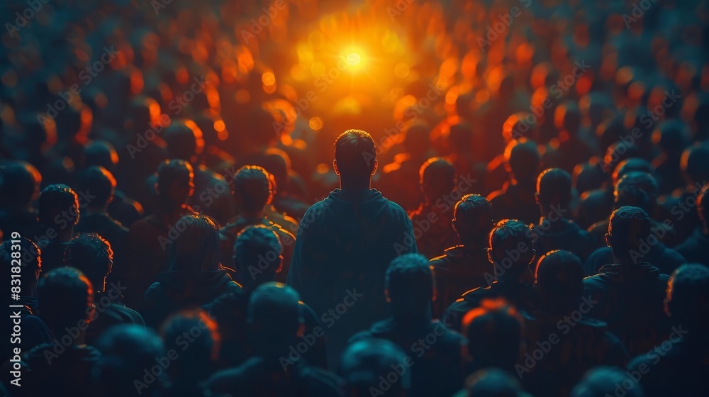 One illuminated person in a crowd of dark figures, representing ...