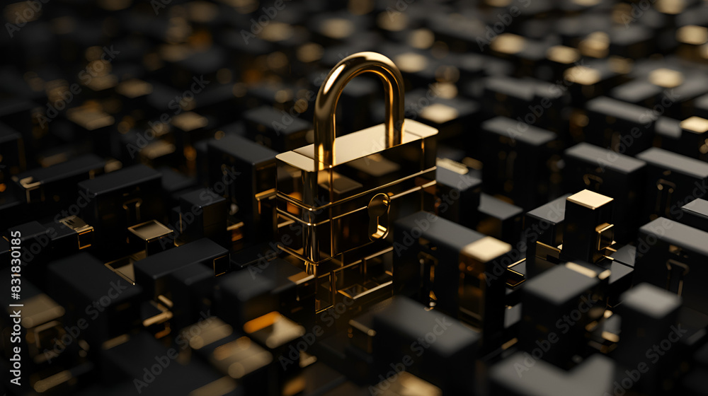 Black and gold secure padlock, password security, identification by ...