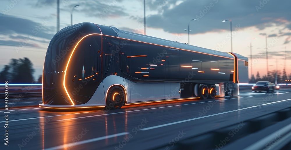 concept design of a futuristic electric vans or trucks on the highway ...