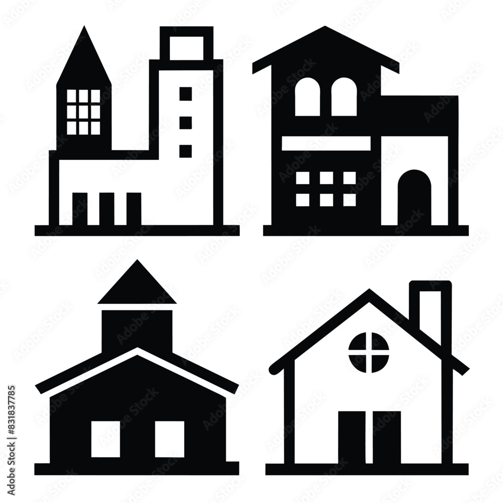 Set of Solid black outline building icon, house vector, structure on ...