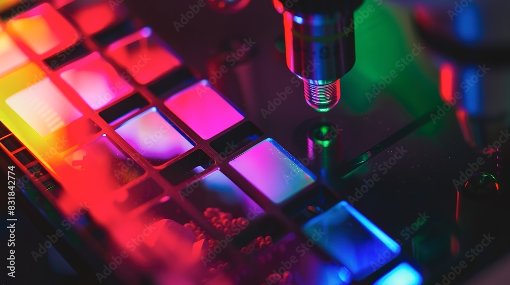 Spectrometer analyzing a drug sample, close-up, colorful spectrum ...