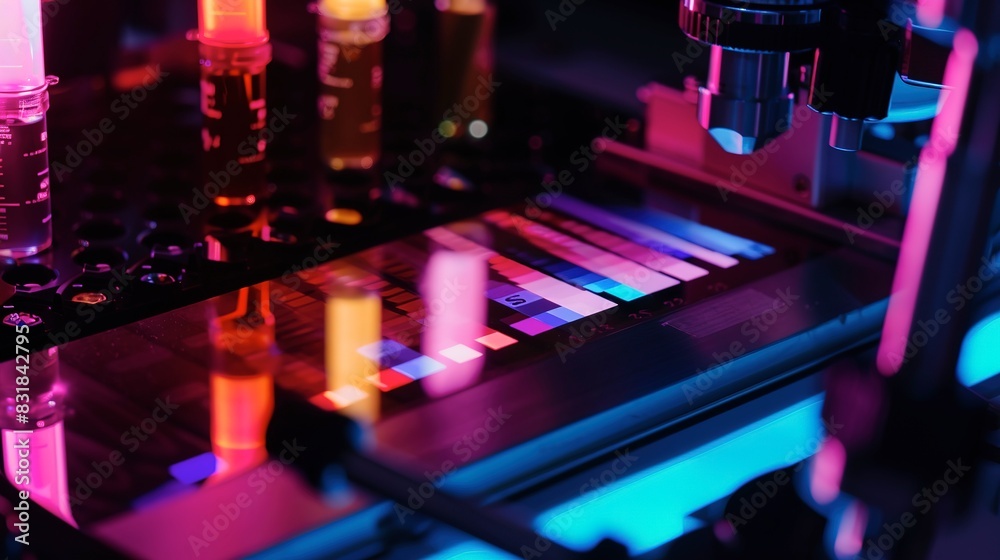 Spectrometer analyzing a drug sample, close-up, colorful spectrum ...