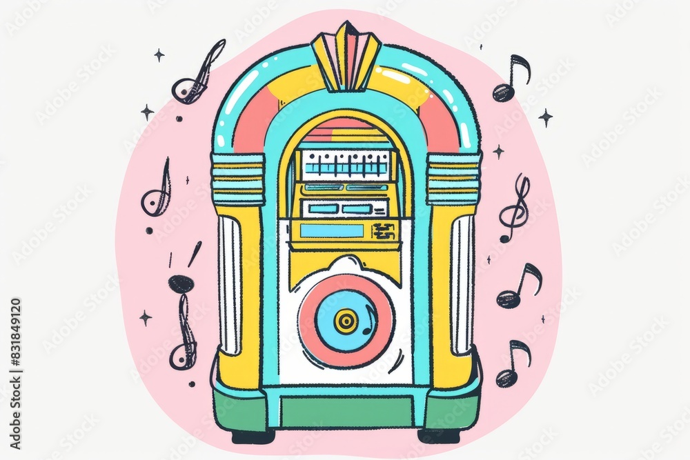Cartoon cute doodles of a retro jukebox with cheerful lights and ...