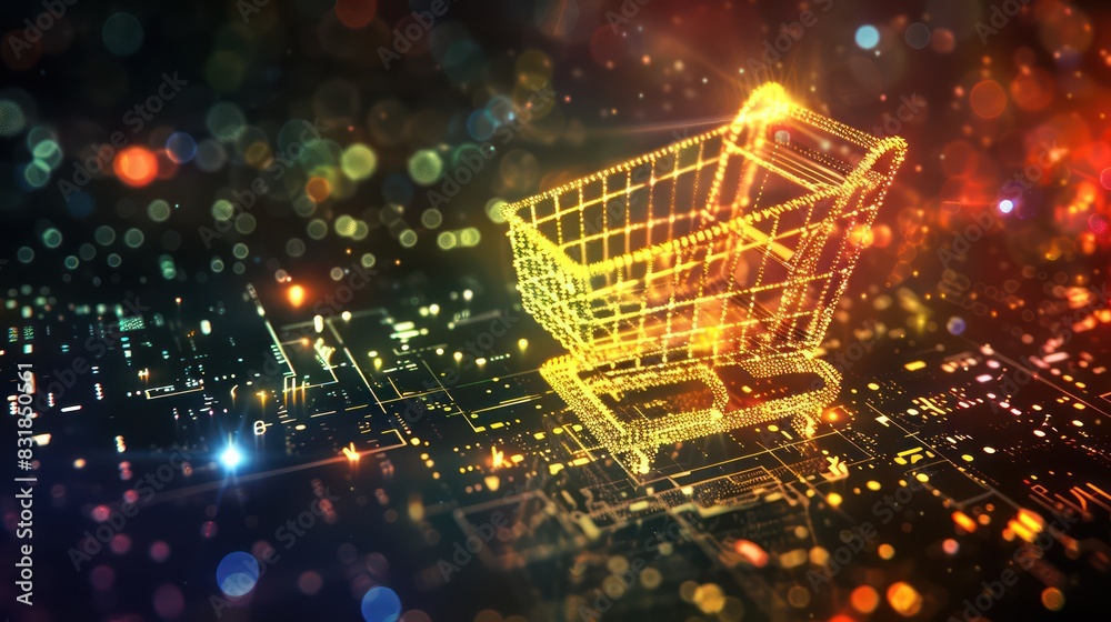 An abstract CGI background featuring a glowing shopping cart icon in ...