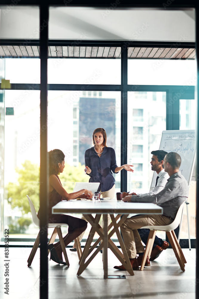 Business people, woman and presentation with chart in boardroom for ...