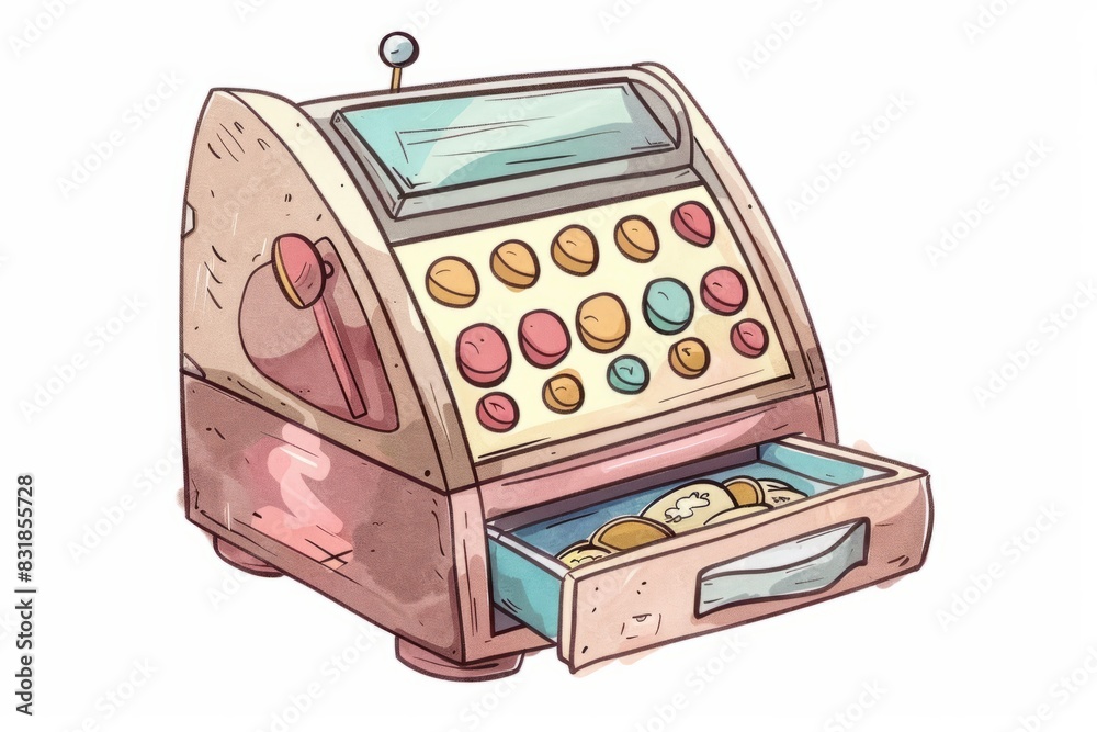 Cartoon cute doodles of a vintage cash register with cheerful buttons ...