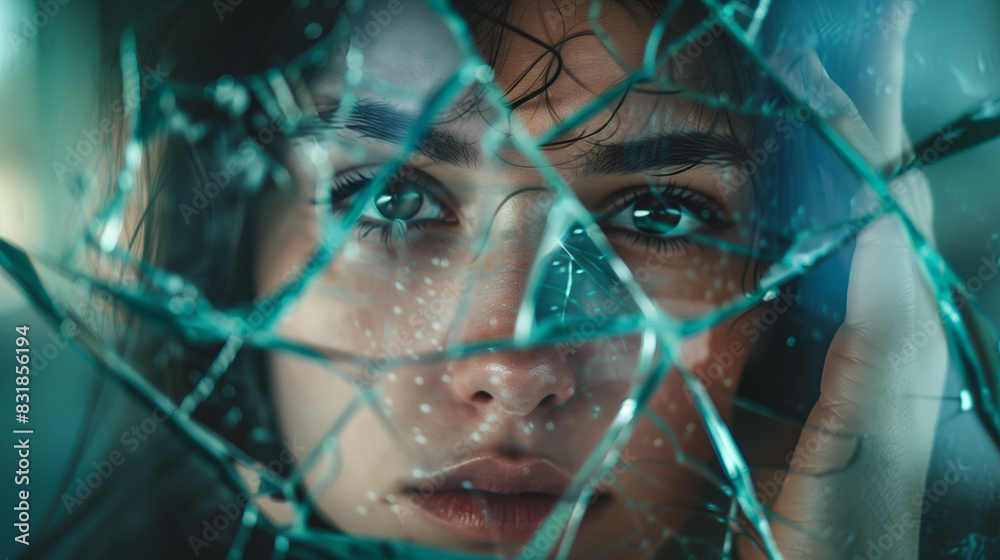 The face of a woman is reflected on the surface of a broken mirror, its ...