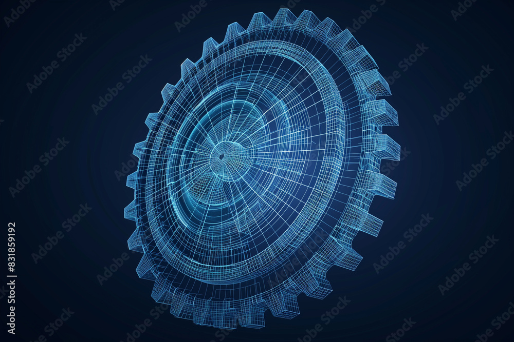 Vector wireframe illustration of a gear on a dark blue background ...