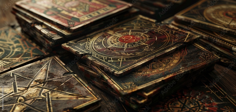 Design an ancient tarot deck with weathered, ornate cards showcasing ...