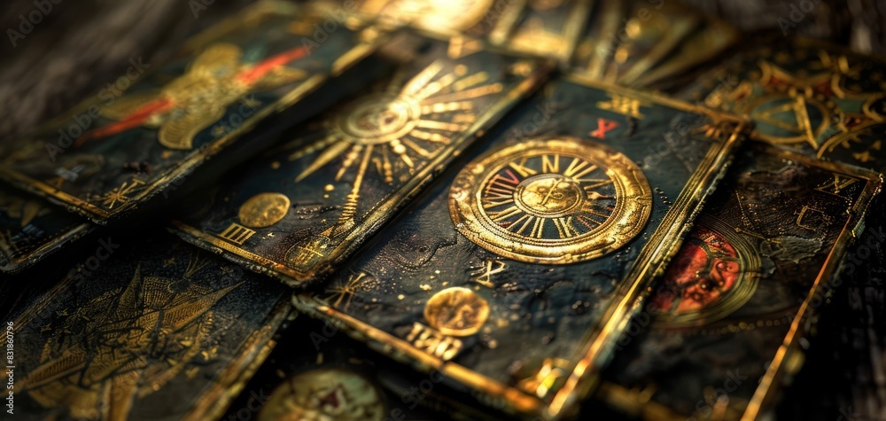 Design an ancient tarot deck with weathered, ornate cards showcasing ...