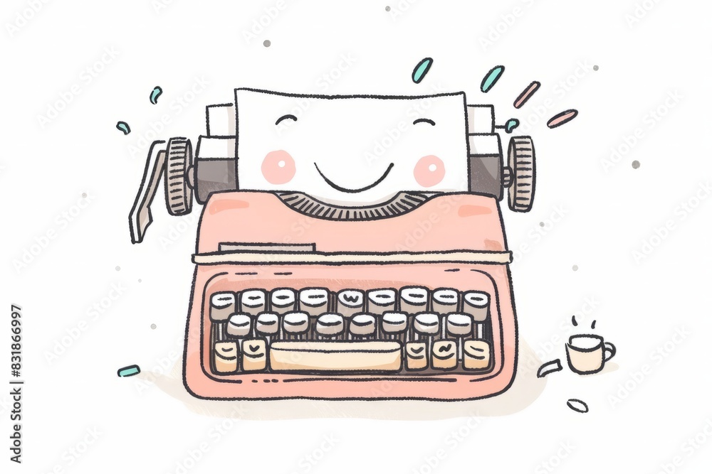 Cartoon cute doodles of a vintage typewriter with smiling keys and a ...