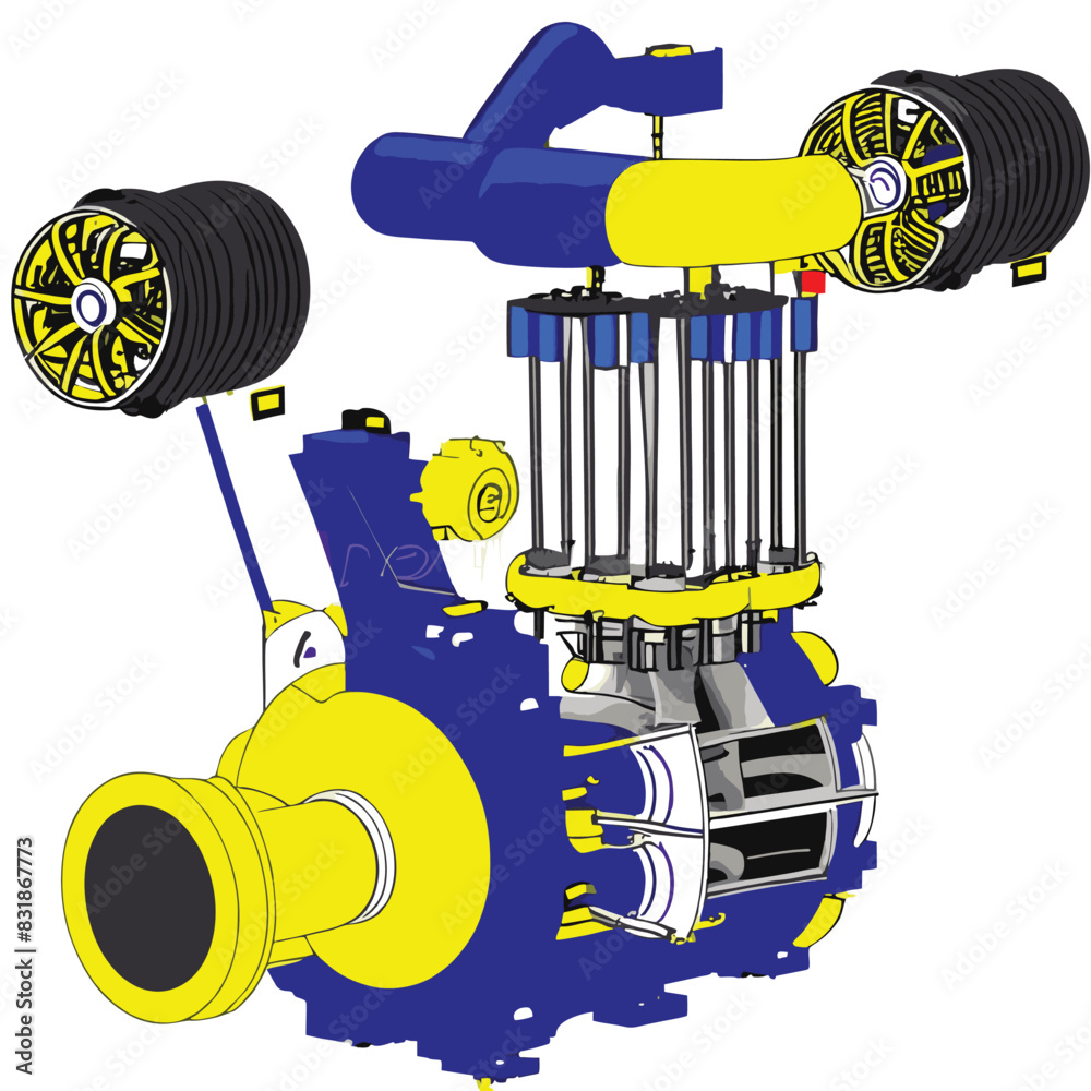 Realistic diagram of a three stroke engine outside vector line art ...