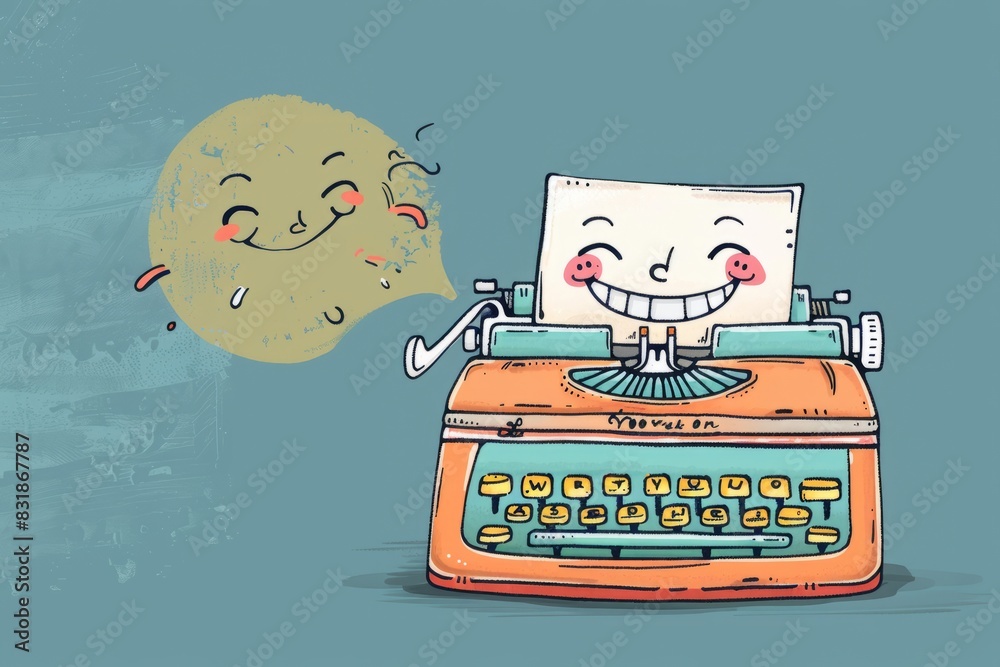 Cartoon cute doodles of a vintage typewriter with smiling keys and a ...