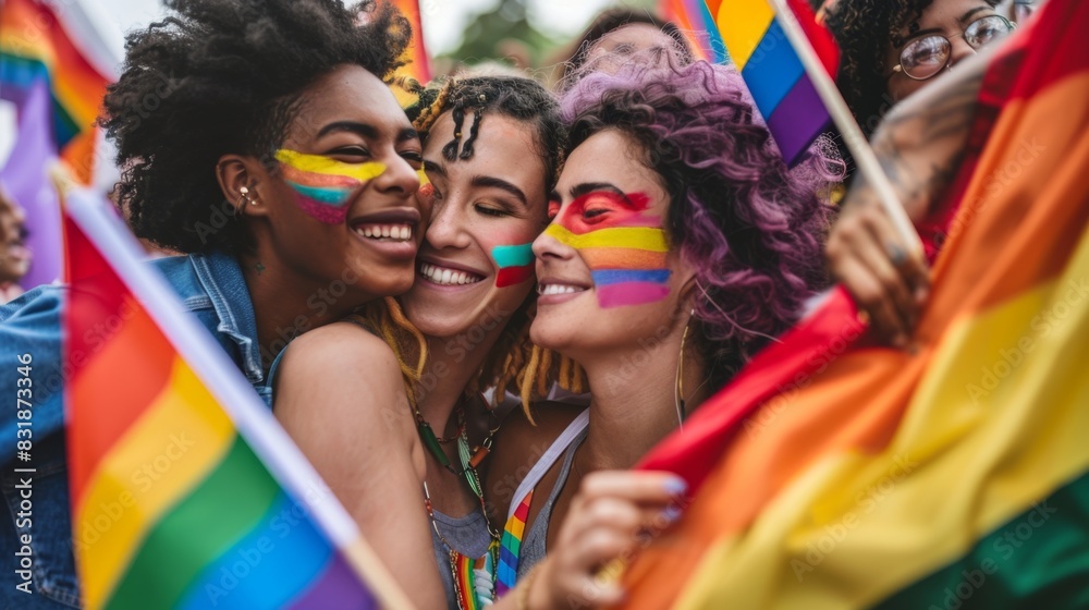Celebrating LGBTQ Pride Festival - Diverse Friends Holding Rainbow Flag ...