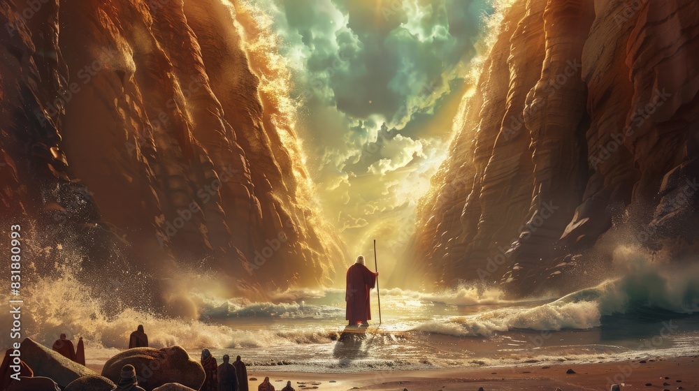 Digital painting of Moses parting the Red Sea. Capture the dramatic ...