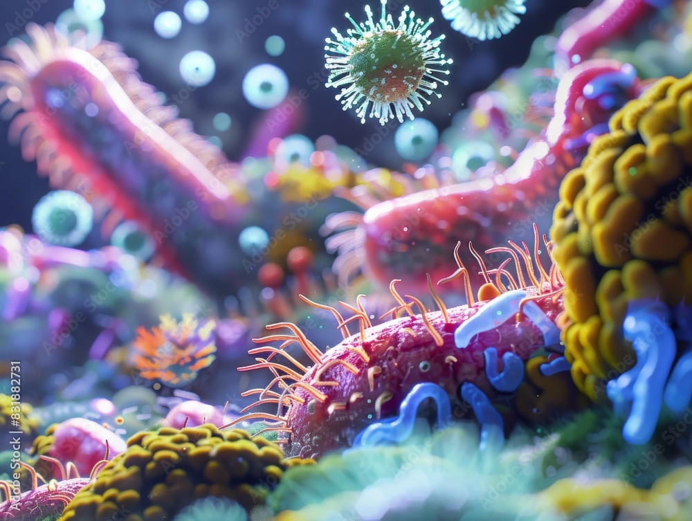 Illustrate a diverse catalog of extraterrestrial microbes under a ...