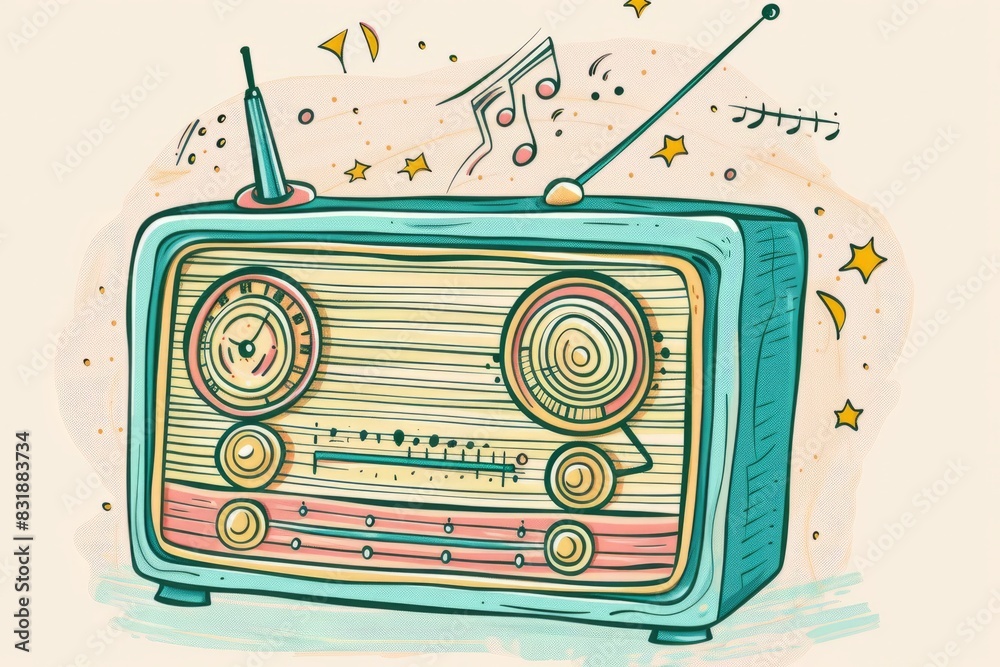 Cartoon cute doodles of a vintage radio with cheerful dials and an ...