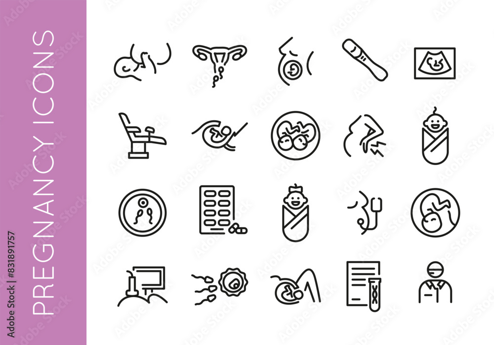 Pregnancy icons. Set of 20 pregnancy trendy minimal icons. Fetus ...