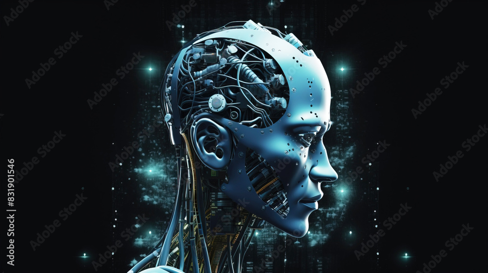 Artificial intelligence, composition of a chrome cyborg robot on a dark ...