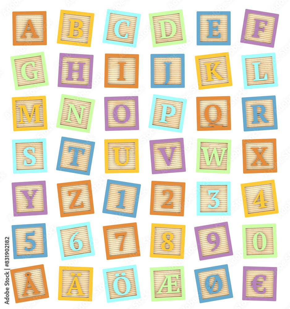 Colorful wooden letter blocks on transparent background with nordic ...