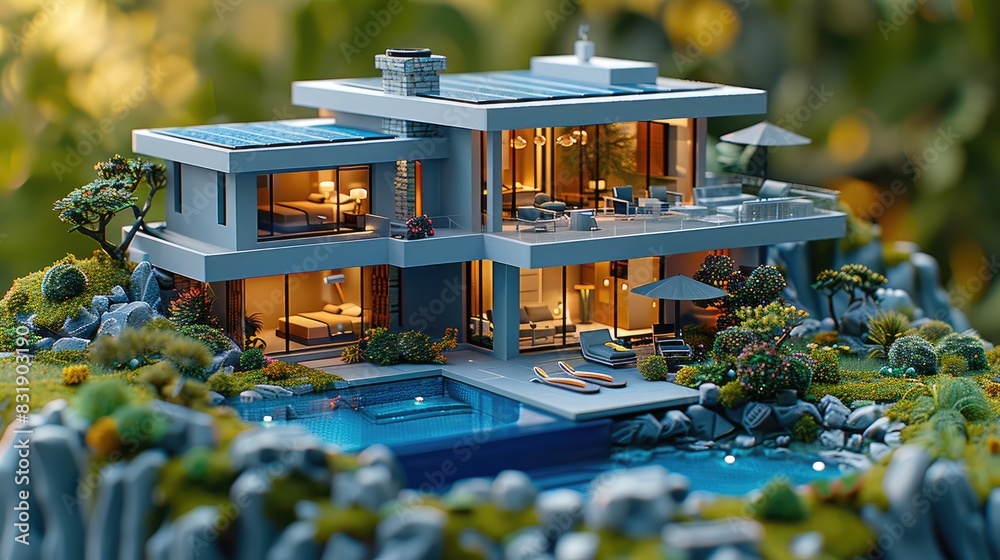 A modern paper house model with solar cells on the roof, set amidst a ...