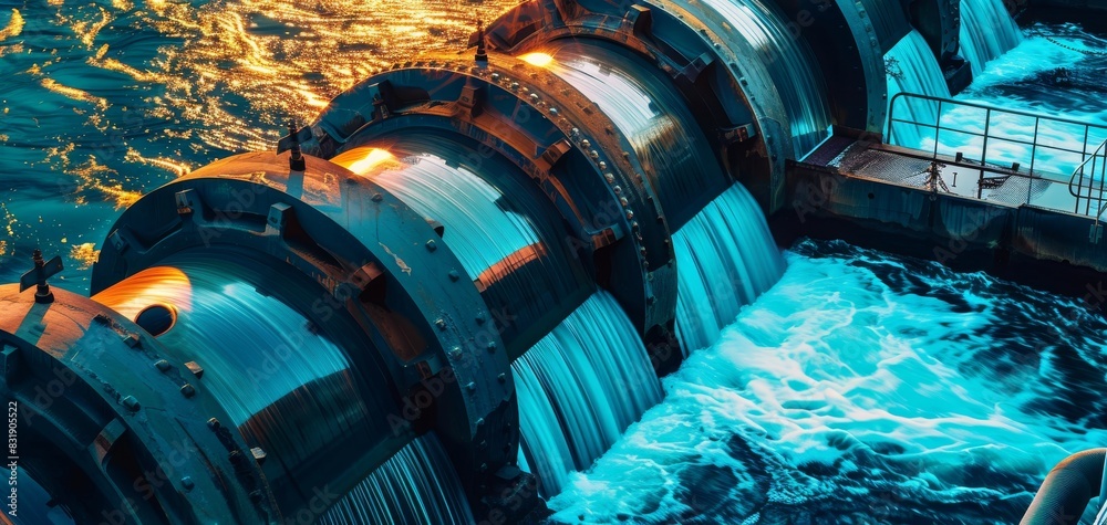 Hydropower plant operations close up, focus on, copy space, vibrant ...