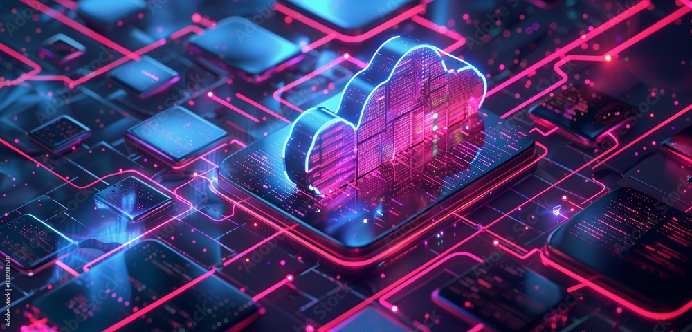Isometric cloud network with interconnected servers, glowing data streams, and futuristic ...