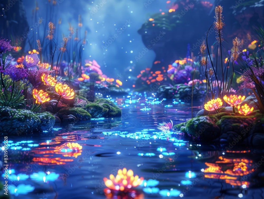 Dynamic 3D render of bioluminescent ecosystems, depicting a mysterious ...