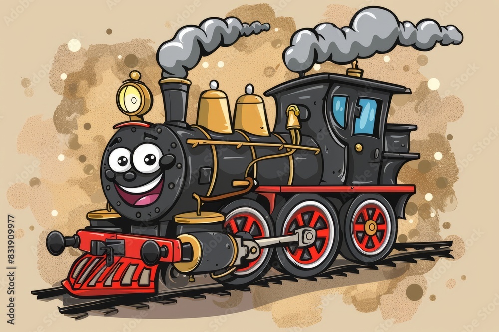 Cartoon cute doodles of an old-fashioned steam engine with a happy face ...