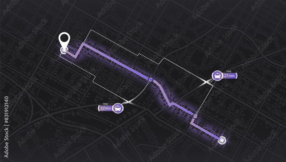 City map with designated destination, and multiple markers indicating ...