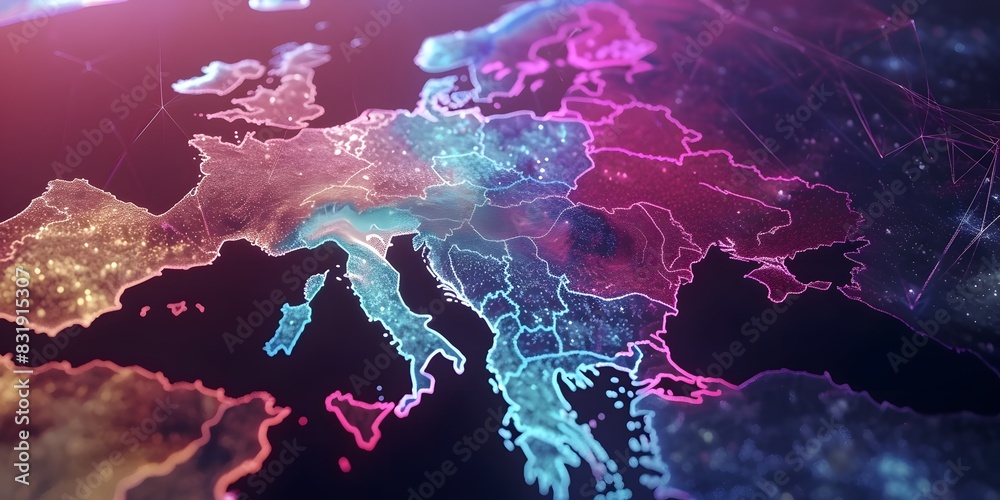 Abstract blue digital map of Europe with network connections and global ...