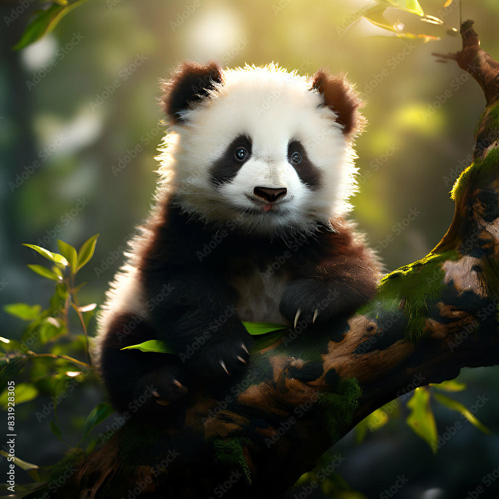 fluffy young panda sitting on tree branch A photo of a fluffy, baby panda cub sitting on a tree ...