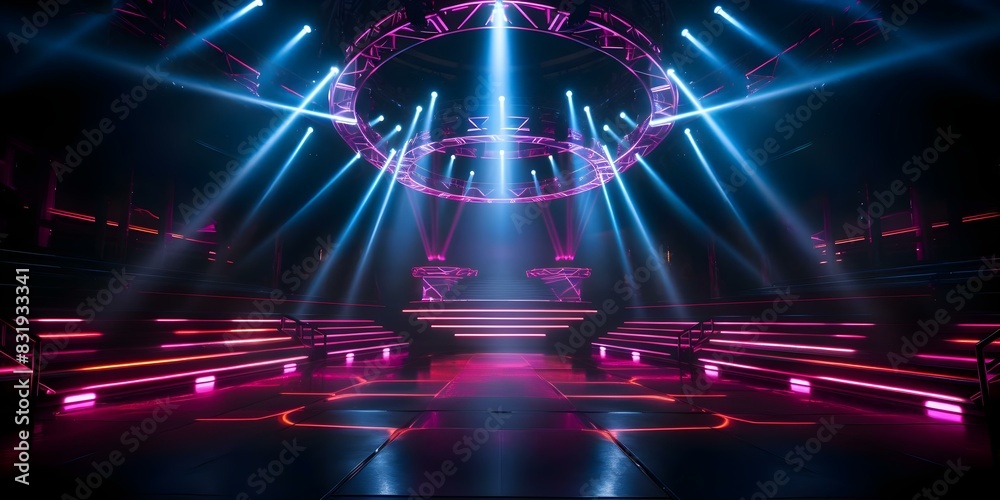 Neon lights on big stage with light beams and backdrop wall. Concept ...