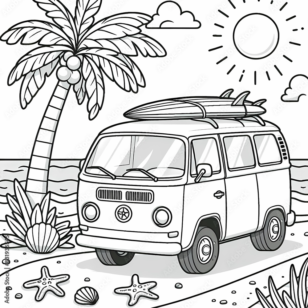 Beach Van with Surfboard Coloring Page for Kids Stock Illustration ...