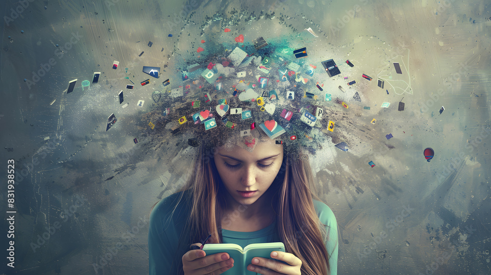 powerful visual metaphor of social media addiction, with a young woman ...