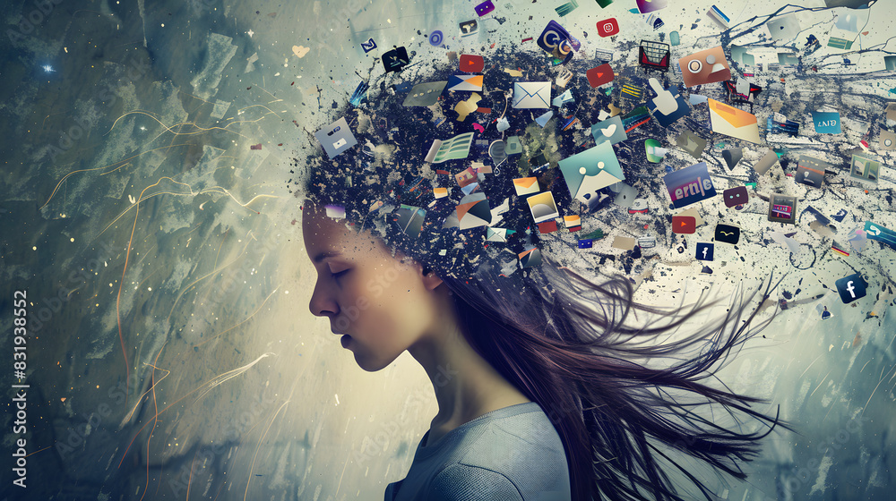 powerful visual metaphor of social media addiction, with a young woman ...