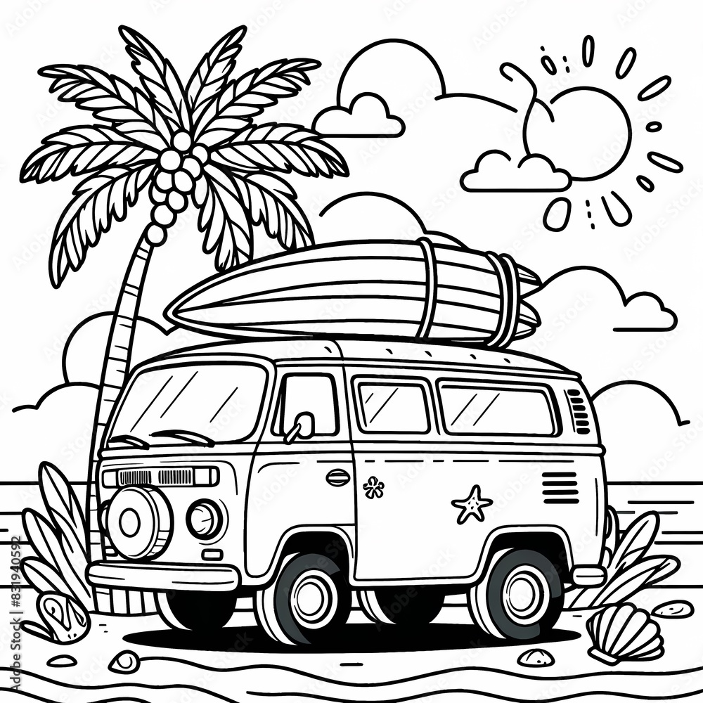 Beach Van with Surfboard Coloring Page for Kids Stock Illustration ...
