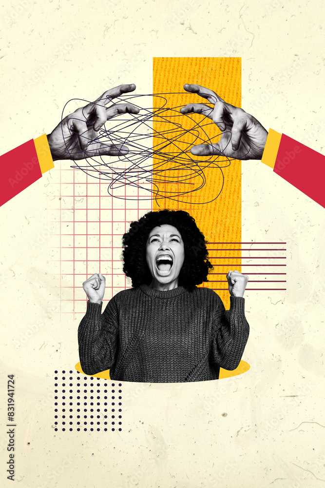 Vertical image collage young screaming loud suffering woman victim ...