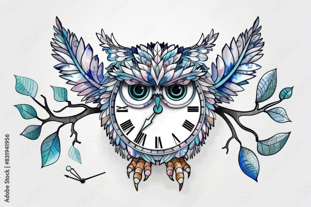 Cartoon cute doodles of a clock owl with eyes as clock faces and ...